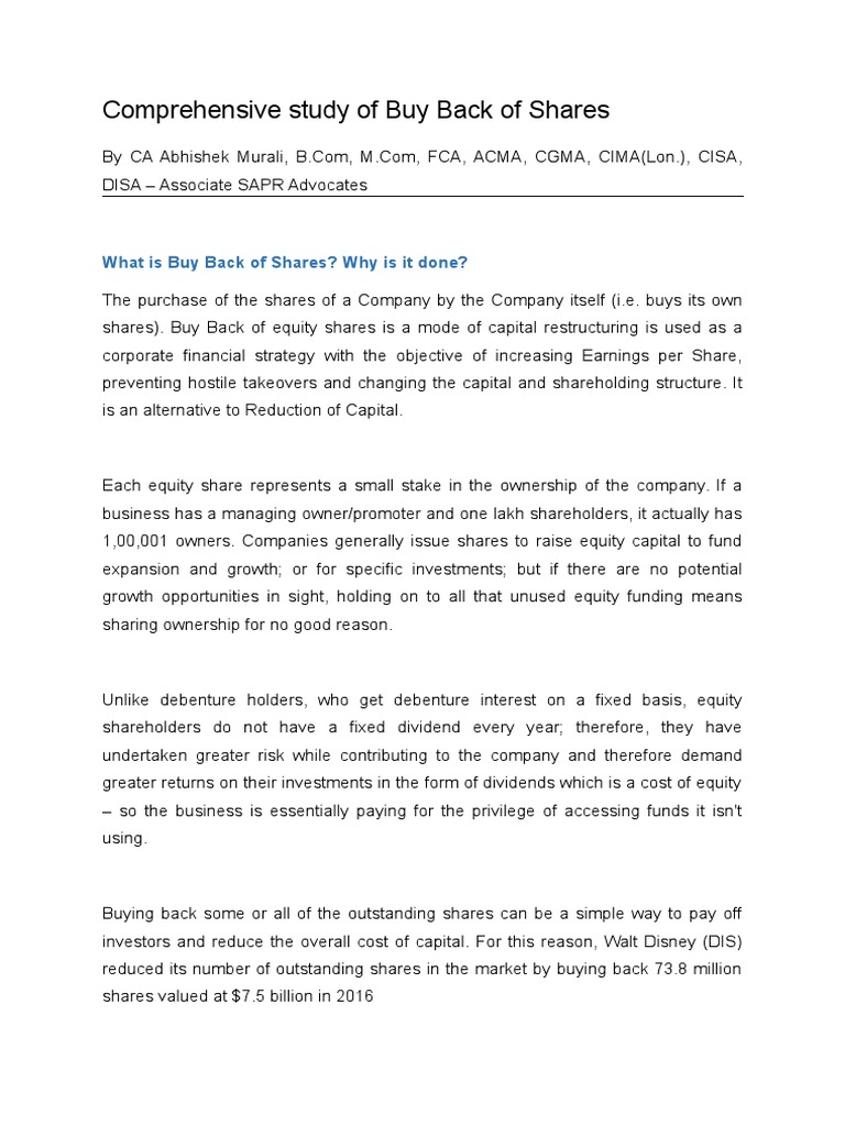 Comprehensive Study of Buy Back of Shares | PDF | Share Repurchase | Stocks
