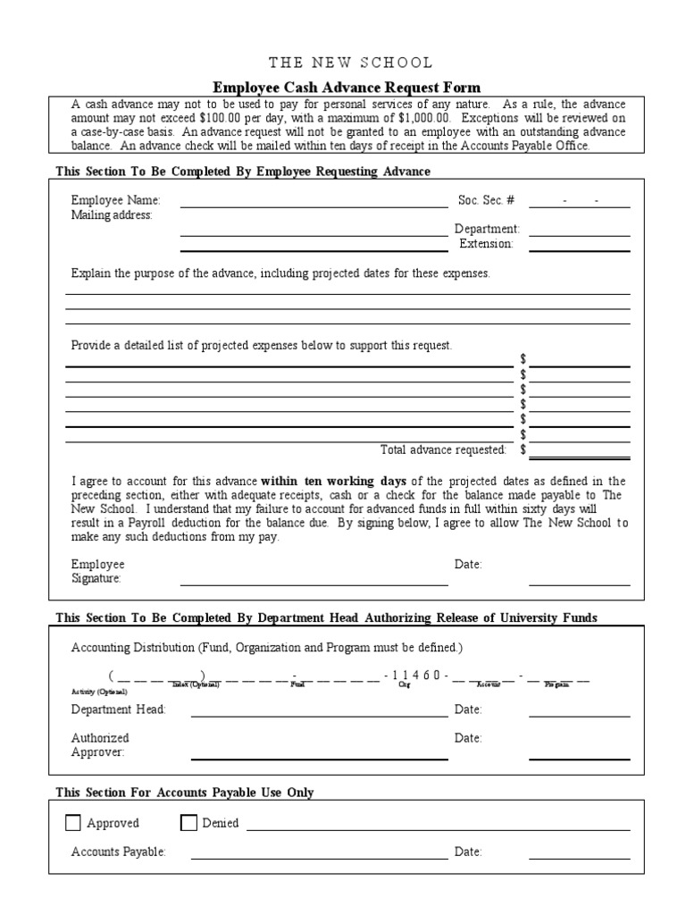 Employee Cash Advance Request Form: The New School | PDF | Accounts ...