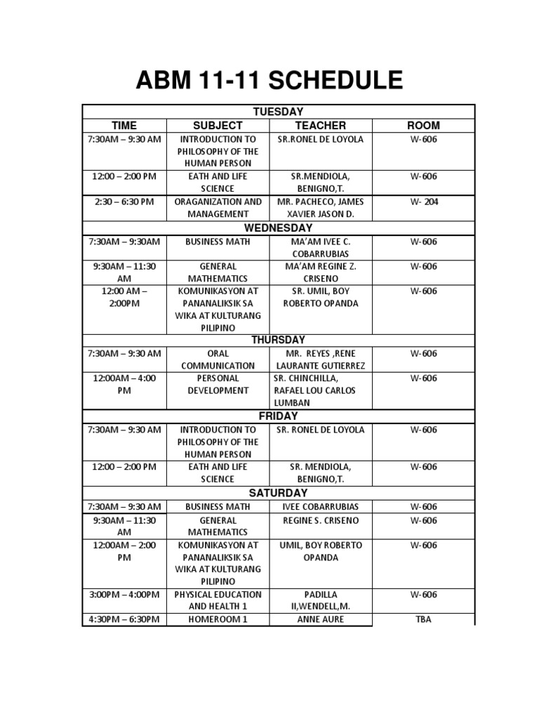 Abm 11-11 Schedule: Tuesday Time Subject Teacher Room | PDF