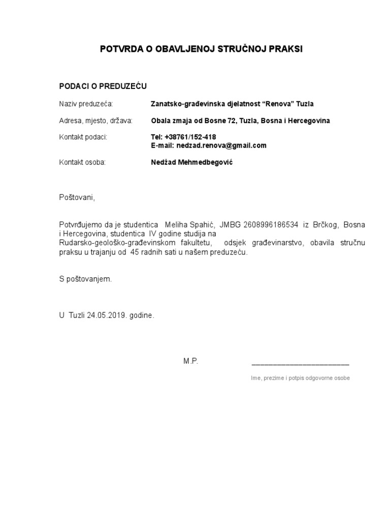 Potvrda o Obavljenoj Strucnoj Praksi | PDF