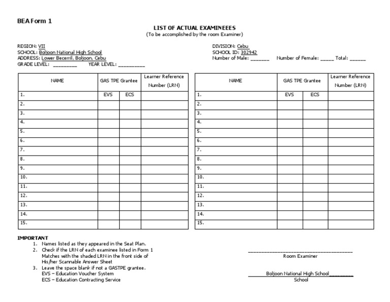 BEA Form 1: List of Actual Examineees | PDF | Schools