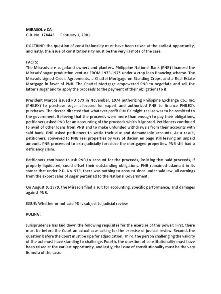 Legal Review: Mirasol vs. PNB | PDF | Judicial Review | Mortgage Loan