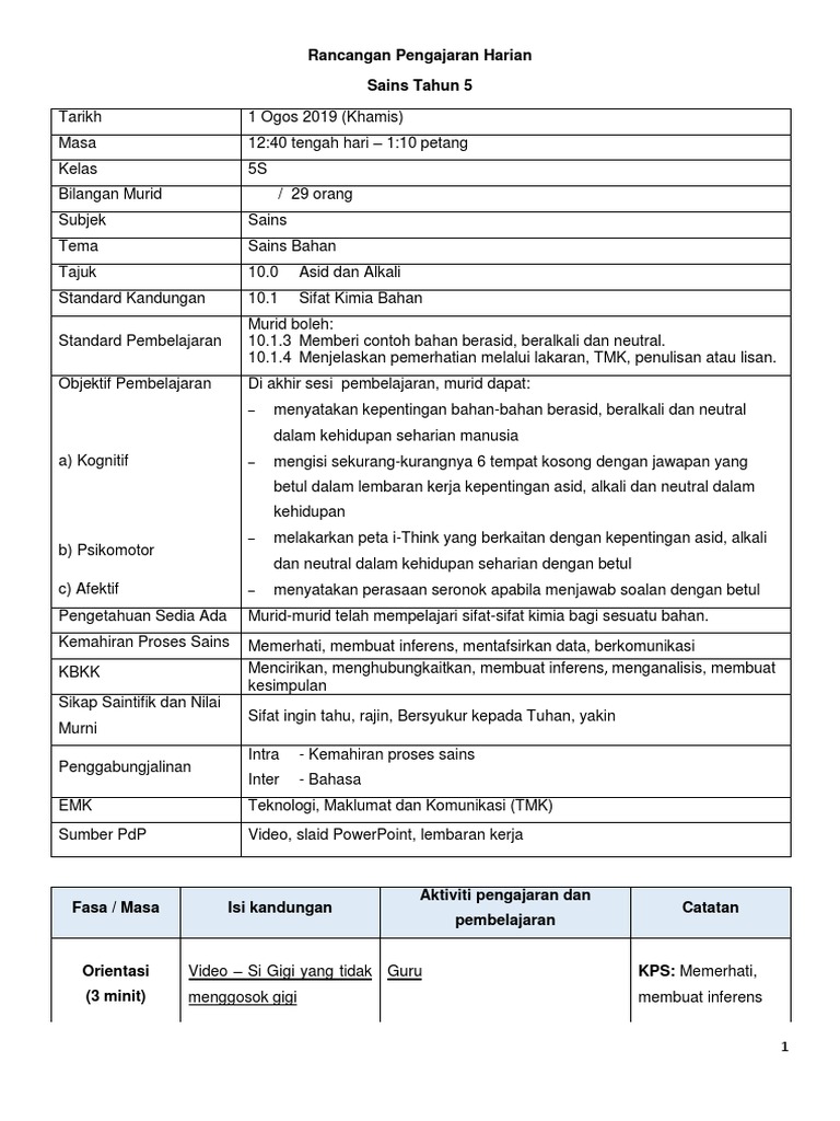 RPH Sains Tahun 5 m8 Kepentingan Asid Dan Alkali | PDF