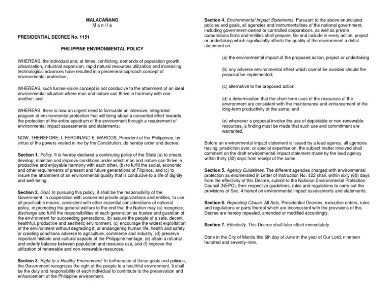 PD 1151 | PDF | Environmental Policy | Environmental Impact Assessment