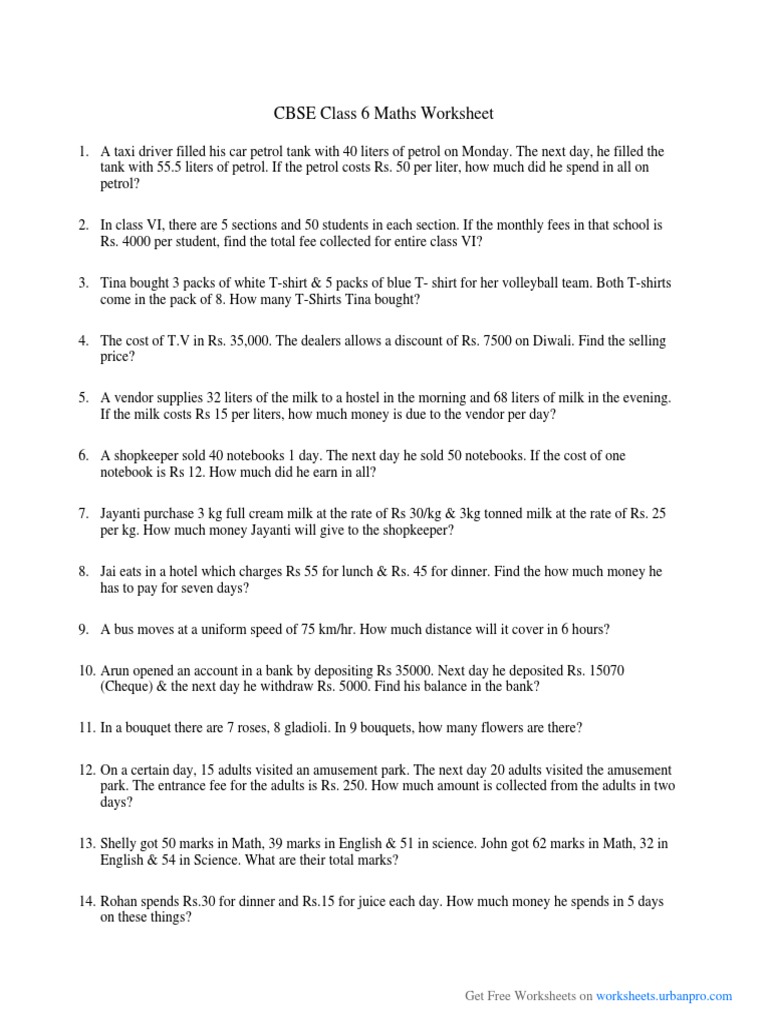 CBSE Class 6 Maths Worksheet | PDF | Money | Economies