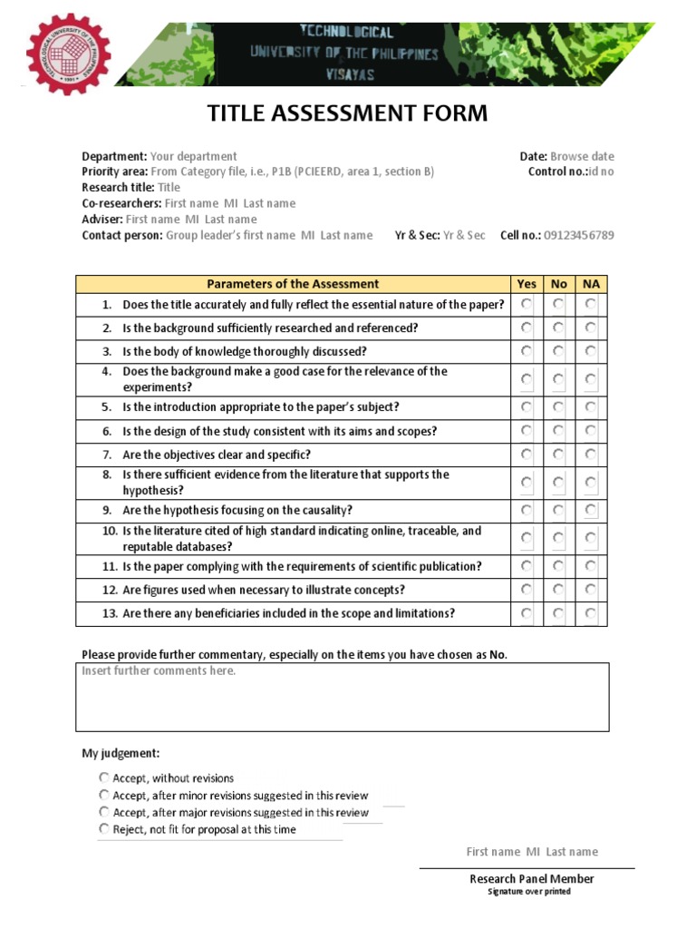 Title Assessment Form: Parameters of The Assessment Yes No Na | PDF