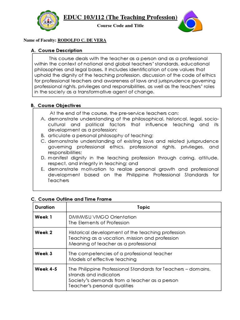 SYLLABUS-The teaching prof, Revised 2.docx | Profession | Quiz