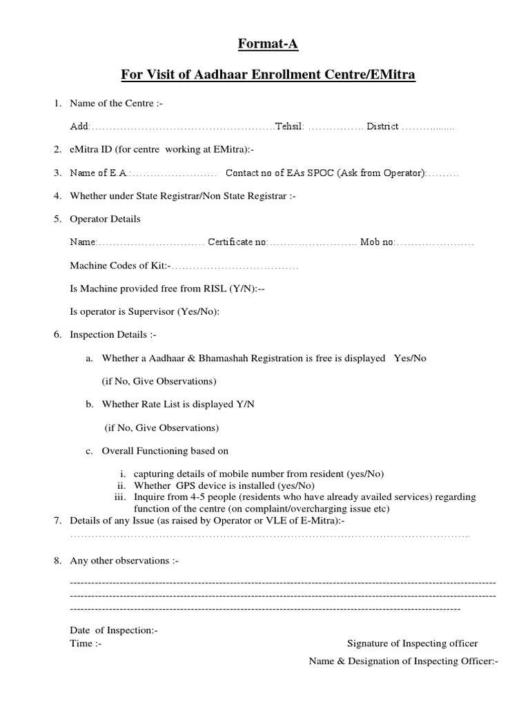Format-A For Visit of Aadhaar Enrollment Centre/Emitra | PDF | Computing