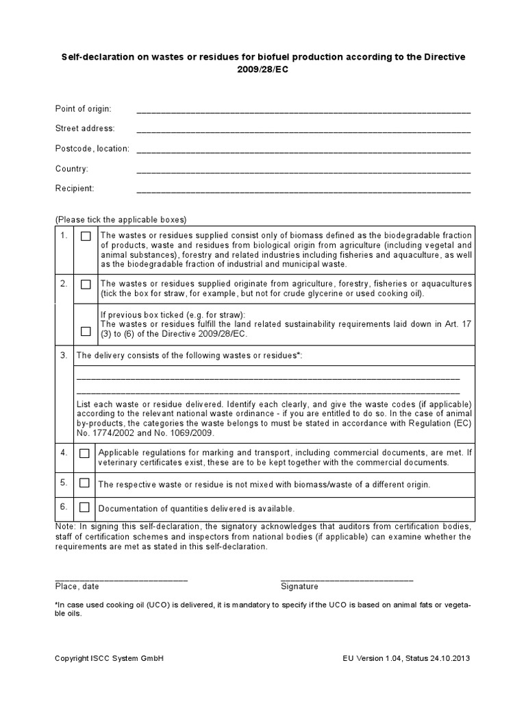 ISCC EU Self Declaration Waste Residues V104 | PDF | Biomass | Waste
