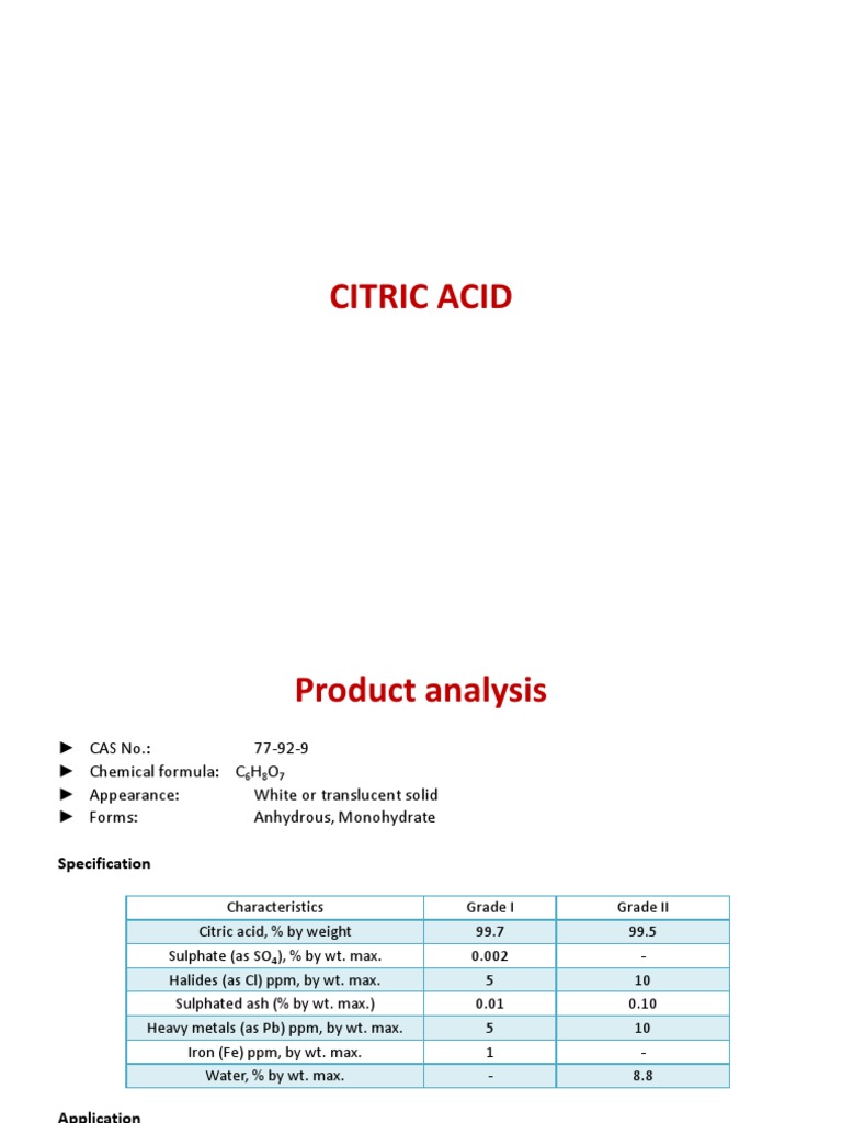 Citric Acid Spec and Application | PDF | Chemical Substances | Chemistry
