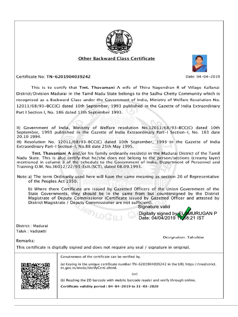 Tamilnadu Obc Certificate Model | PDF