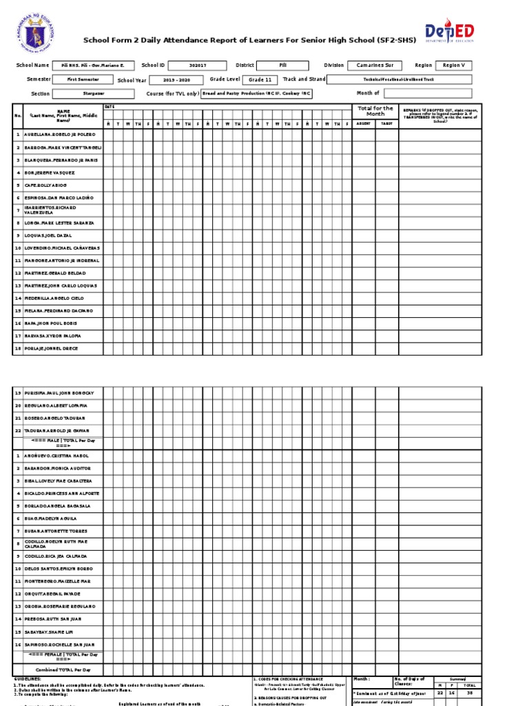 School Form 2 Daily Attendance Report of Learners For Senior High ...