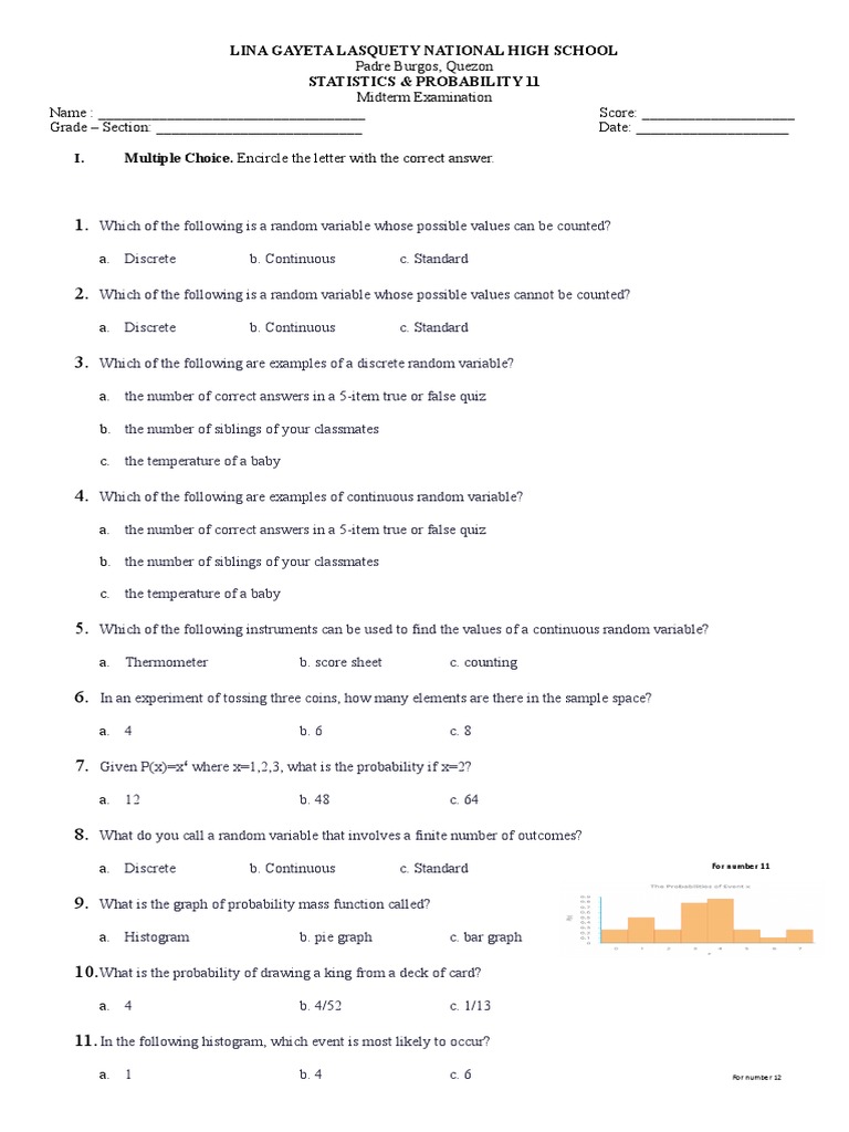 Grade 11 Statistics Midterm Exam | PDF | Random Variable | Probability ...