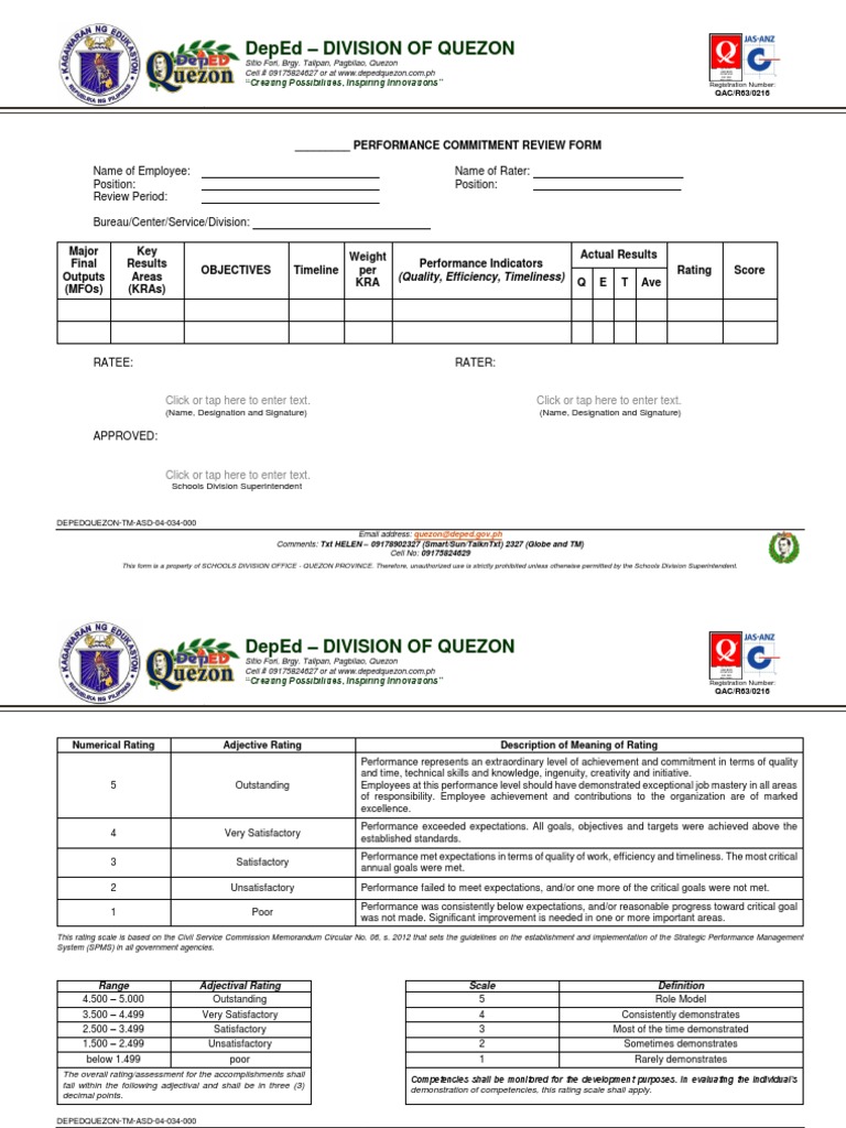 Deped - Division of Quezon: - Performance Commitment Review Form | PDF ...