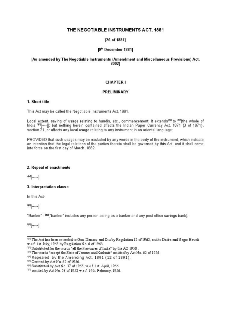The Negotiable Instruments Act 1881 | PDF | Negotiable Instrument | Cheque