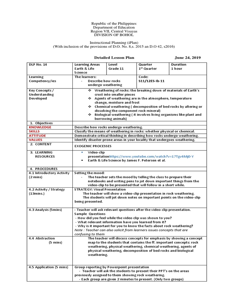 Detailed Lesson Plan June 24, 2019: Learning Areas Level Quarter ...