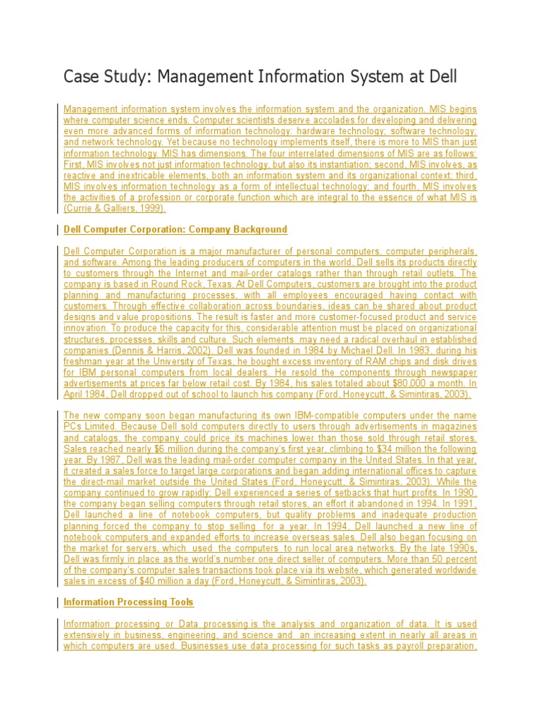 Case Study: Management Information System at Dell: Dell Computer ...