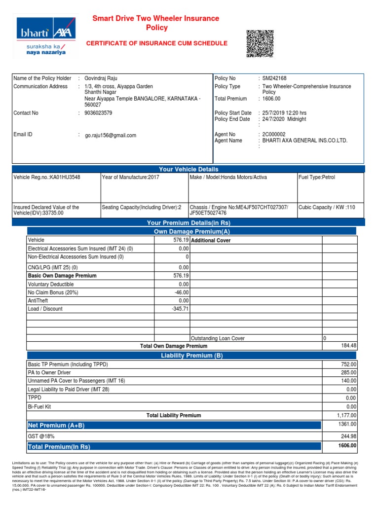 Smart Drive Two Wheeler Insurance Policy: Certificate of Insurance Cum ...