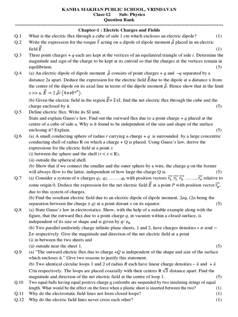 Physics XII Chapter Wise Question Bank | PDF | Capacitor | Electric Field