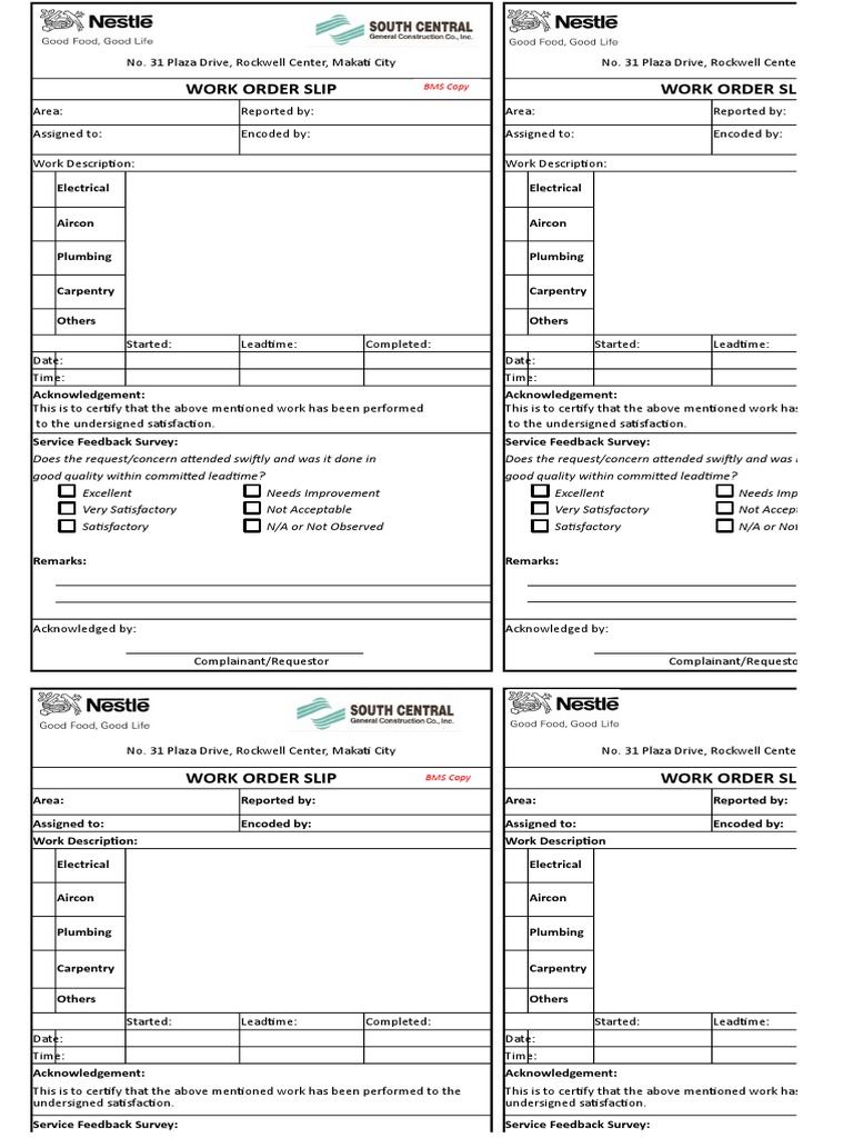 Work Order Slip Work Order Slip: BMS | PDF | Nature