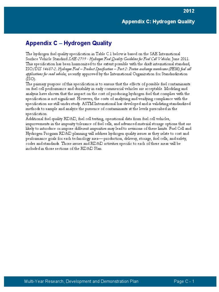 2012 Appendix C: Hydrogen Quality | PDF | Fuel Cell | Specification ...