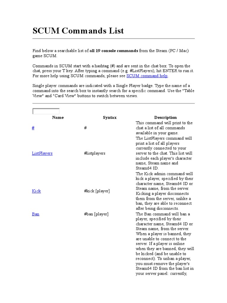 SCUM Commands List | PDF | Software | Computing SCUM Commands List | PDF | Software | Computing