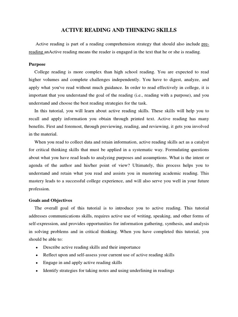 Active Reading and Thinking Skills | PDF | Critical Thinking | Reading ...
