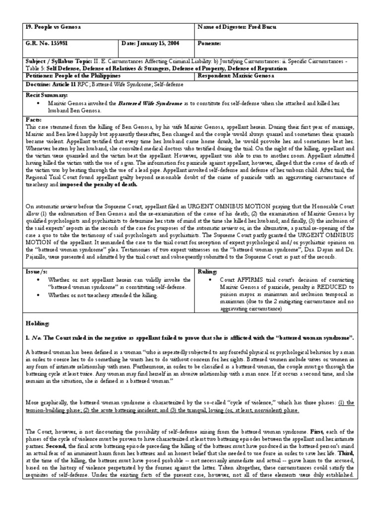 People Vs Genosa DIGEST | PDF | Mitigating Factor | Domestic Violence