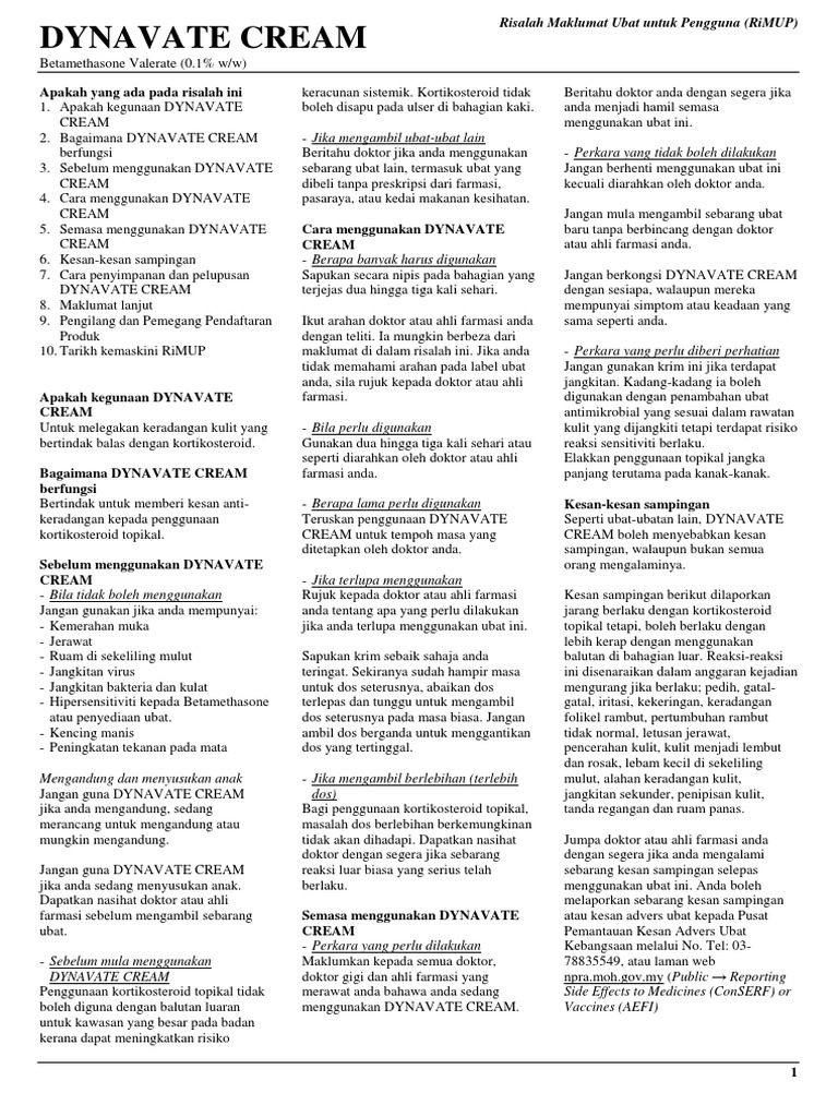 Dynavate Cream Betamethasone Valerate DYNAPHARM M SDN. BHD. 16jul2018 ...