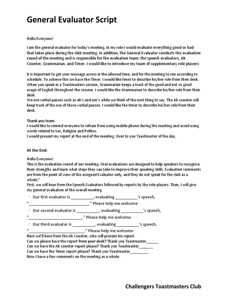 General Evaluator Script: at The End | PDF | Communication ...