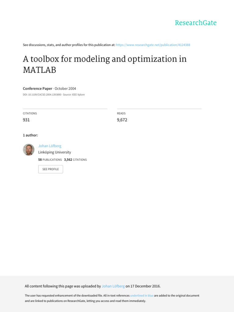 A Toolbox For Modeling and Optimization in Matlab: October 2004 ...