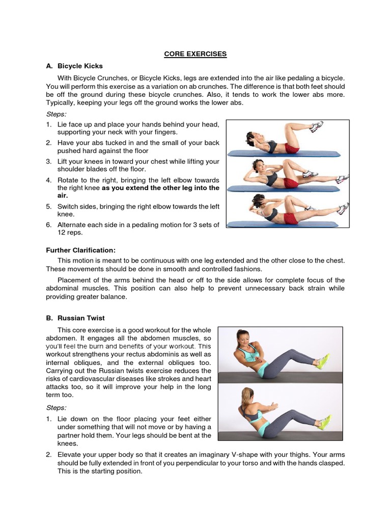 Core Exercises A. Bicycle Kicks: Steps | PDF | Abdomen | Recreation