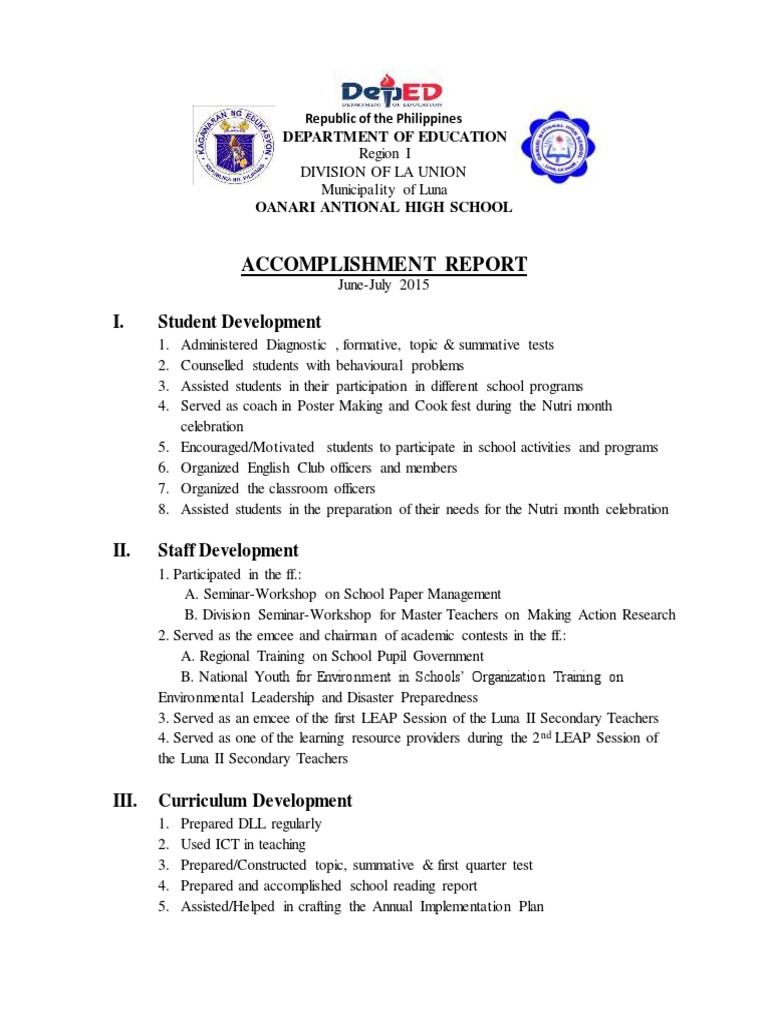 Accomplishment Report: I. Student Development | PDF | Teachers ...