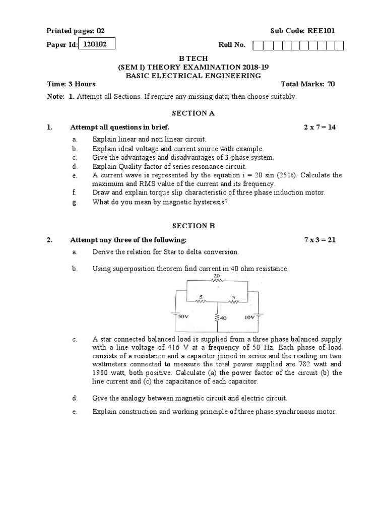 Btech 1 Sem Basic Electrical Engineering Ree 101 2018 19 Pdf