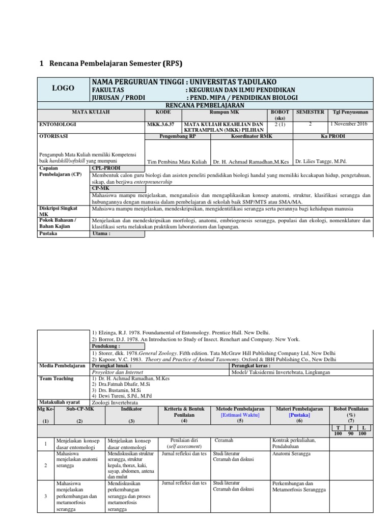 RPS Mata Kuliah Entomologi | PDF