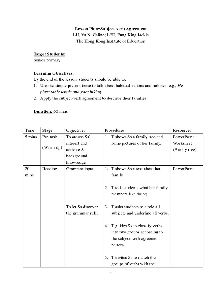 Subject-Verb Agreement Lesson Plan | PDF | Verb | Subject (Grammar)