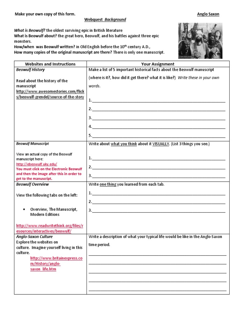 Anglo Saxon Webquest | PDF | Beowulf | Anglo Saxons