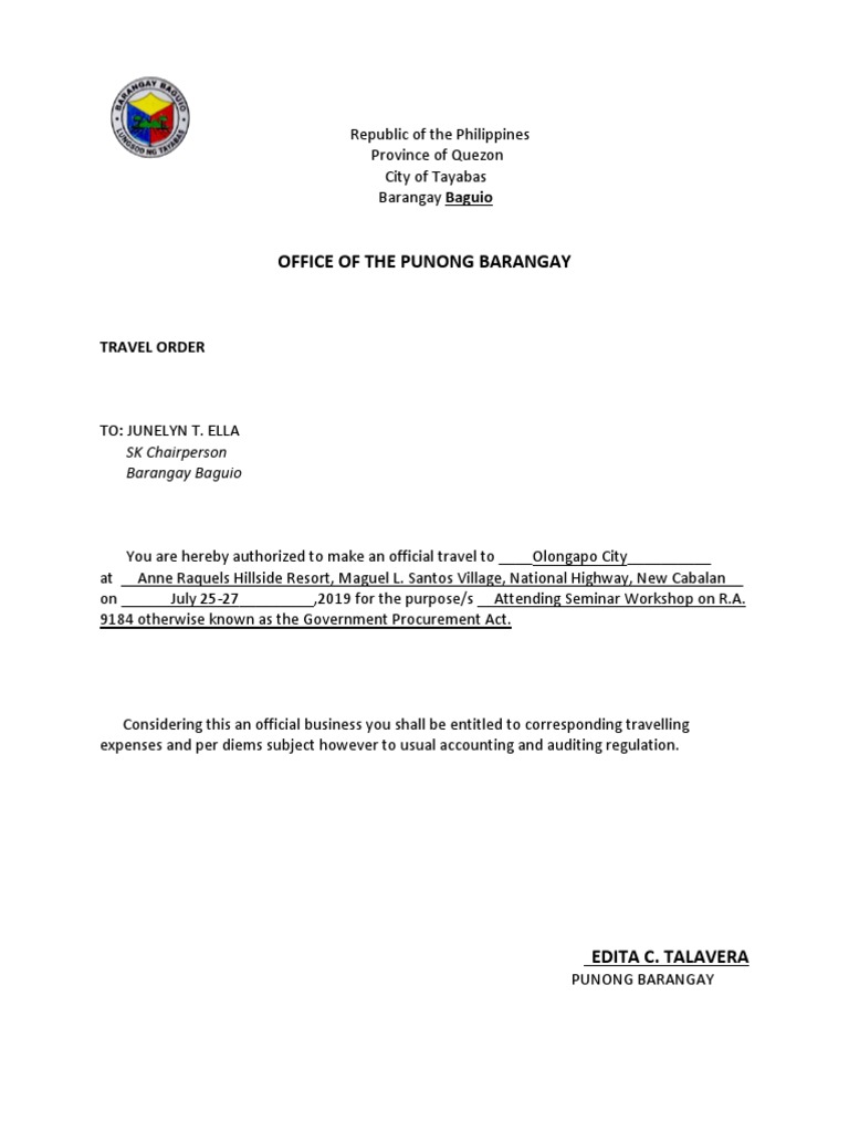 Travel Order Sample | PDF