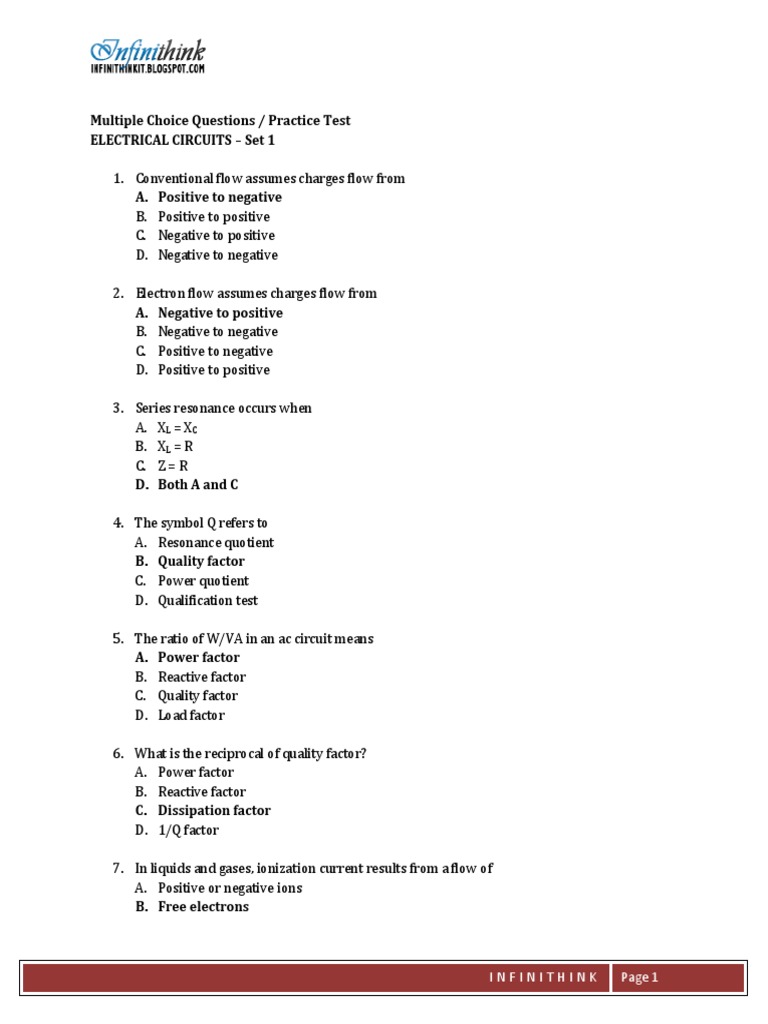 Multiple Choice Questions / Practice Test Electrical Circuits - Set 1 ...
