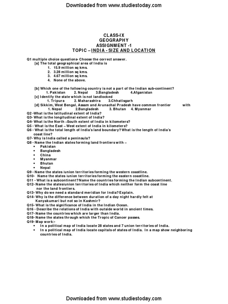 India's Size and Location: An Assignment on Key Geographical Facts ...