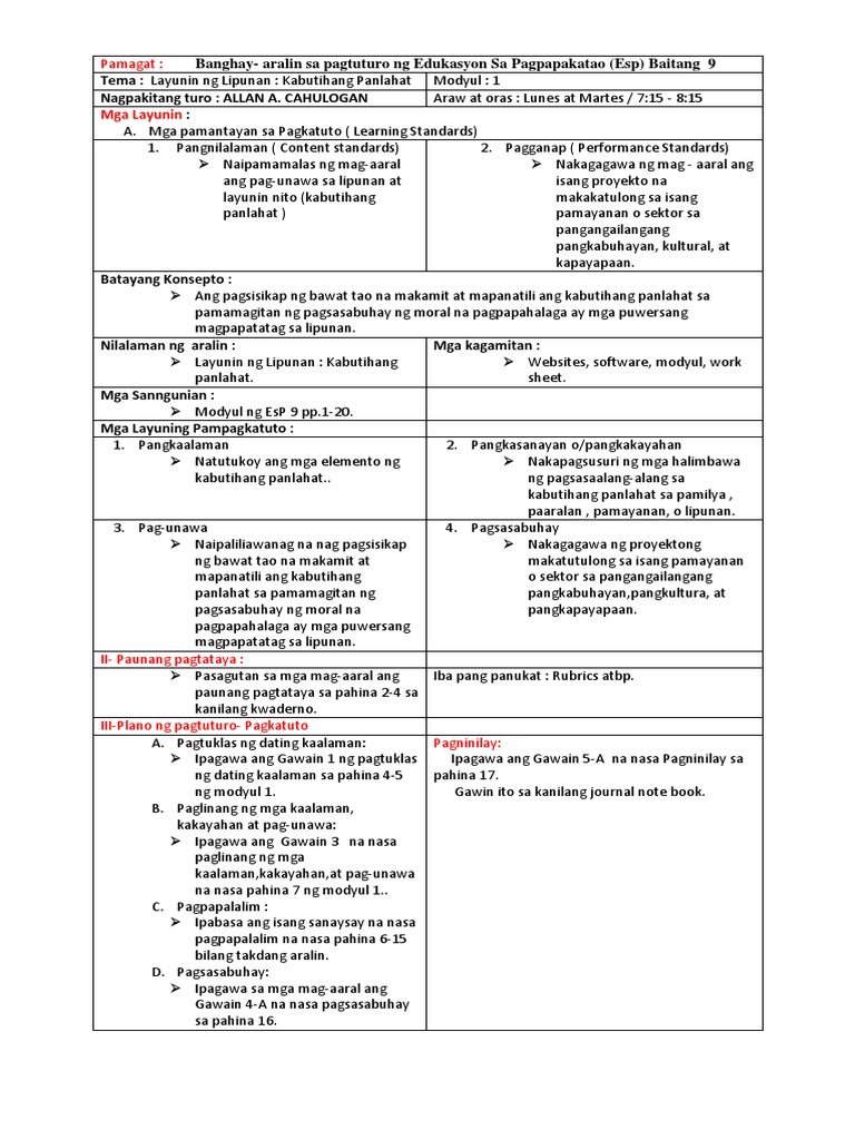 EsP 9 - Modyul 1 DLL | PDF