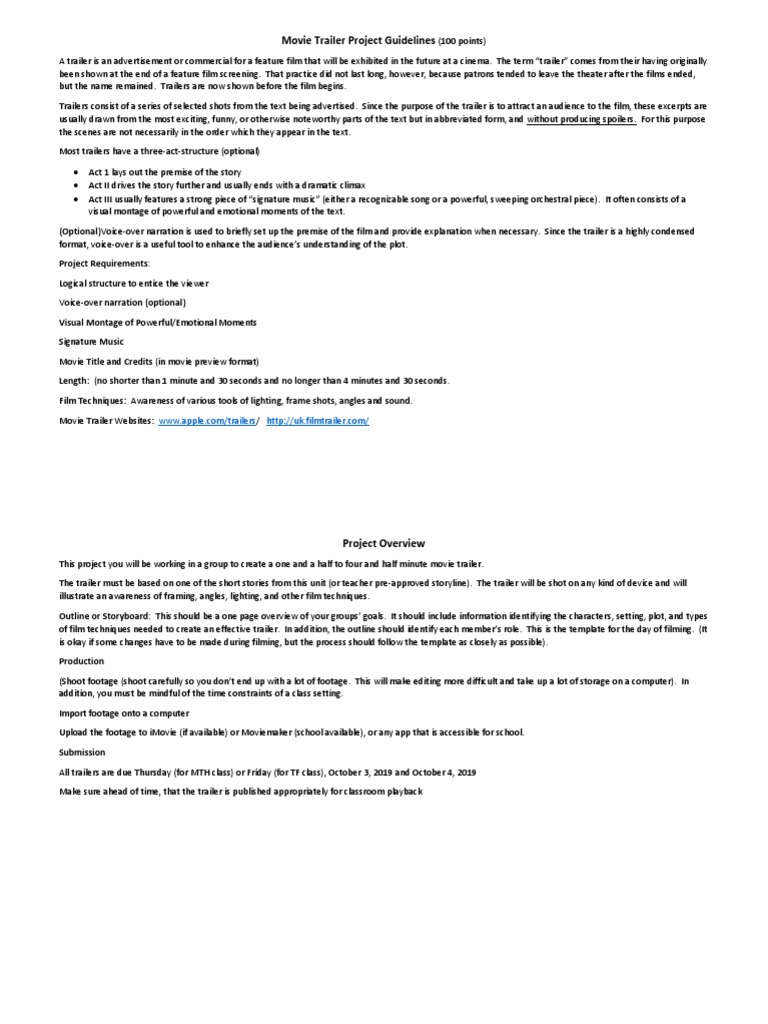 Movie Trailer Project Guidelines | PDF