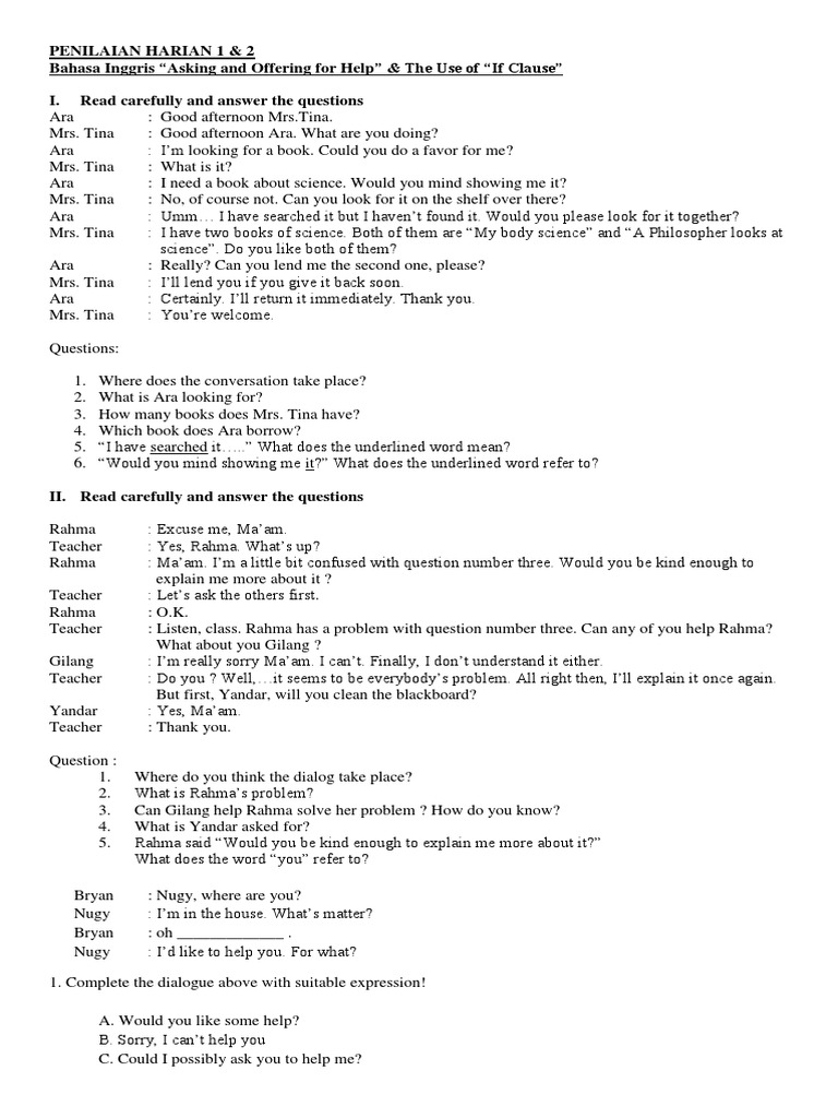 Soal Exercise Bahasa Inggris Asking and Offering For Help | PDF