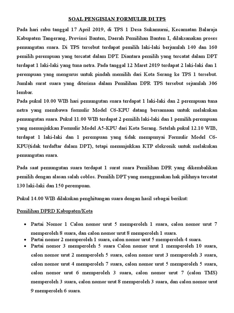 Soal Simulasi Pengisian Formulir Di TPS | PDF