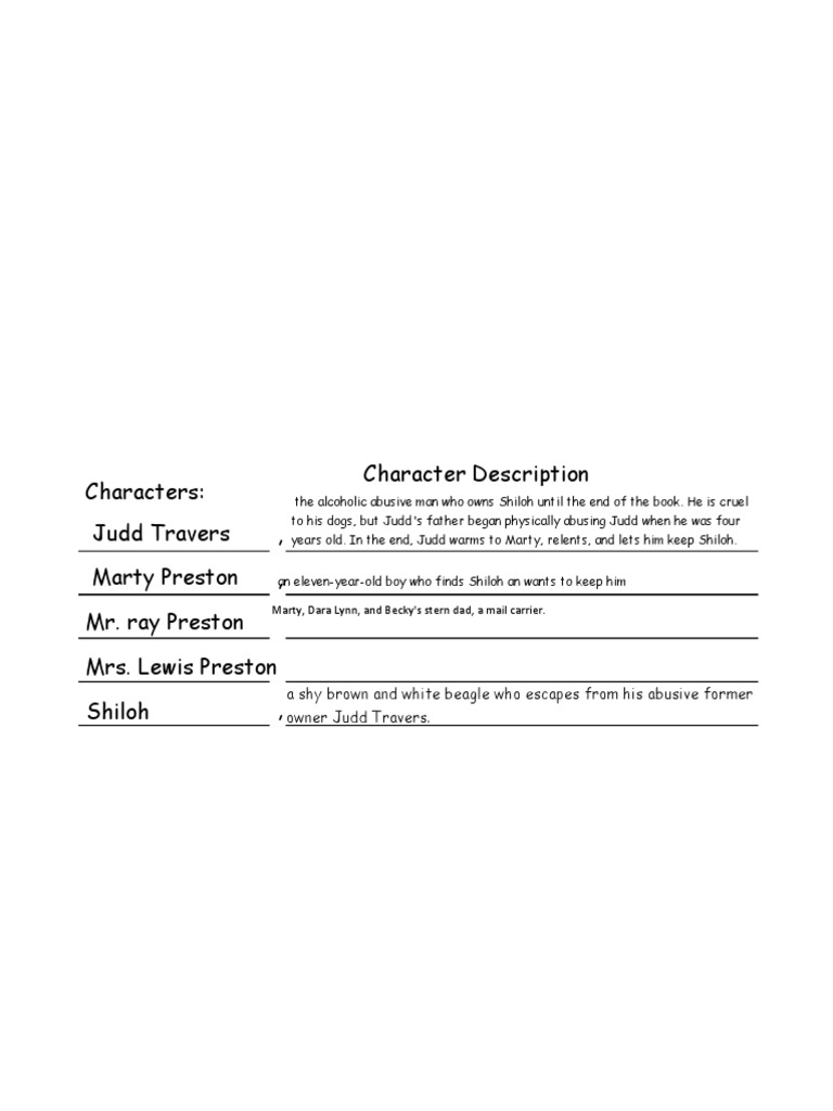 Characters: Character Description Judd Travers, Marty Preston Mr. Ray ...