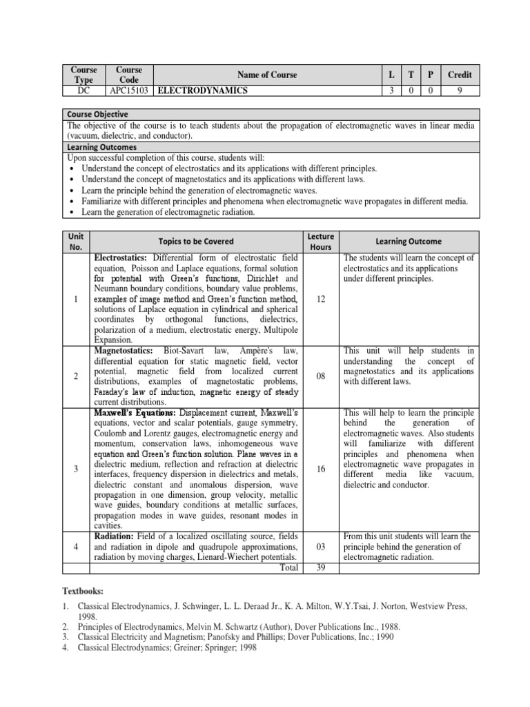 Lecture Plan | PDF | Classical Electromagnetism | Electromagnetic Radiation
