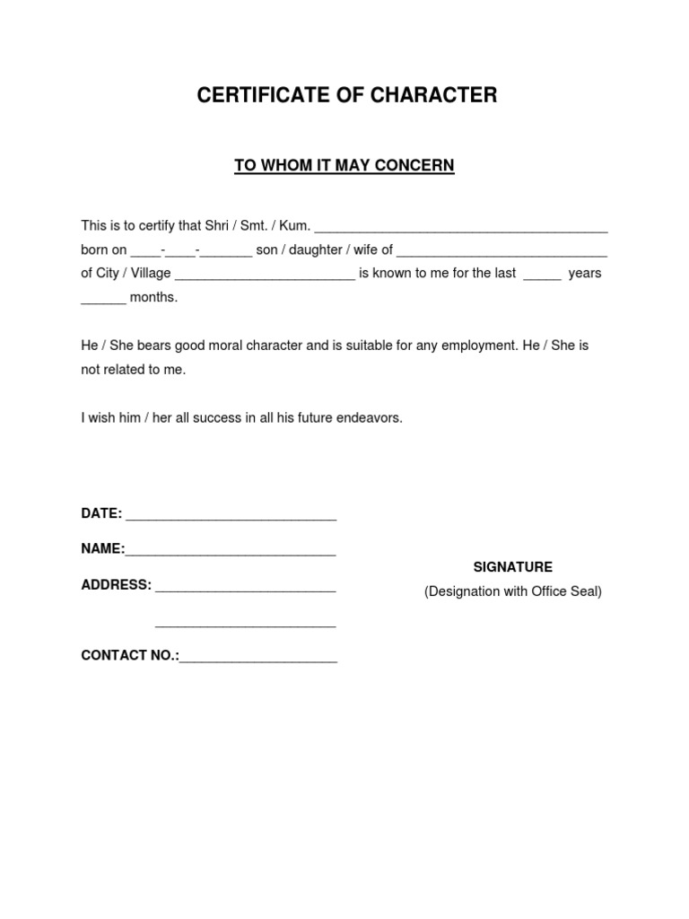 Certificate of Character: To Whom It May Concern | PDF
