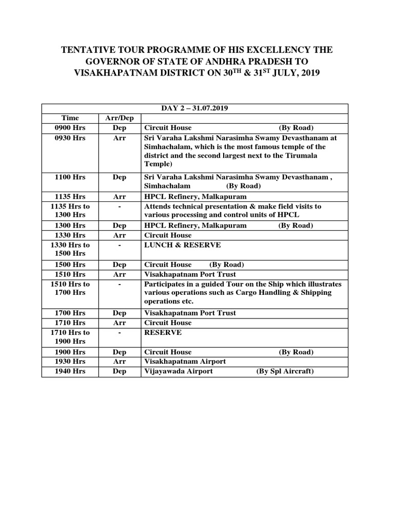 Tentative Tour Programme of His Excellency | PDF