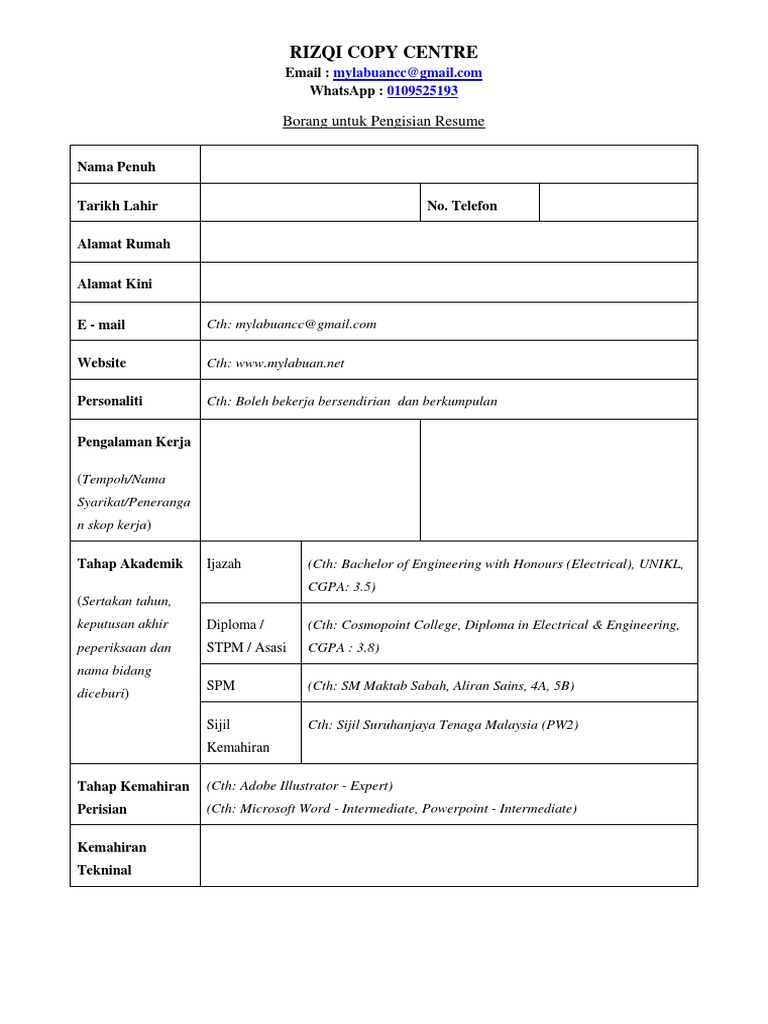 Borang Pengisian Resume | PDF