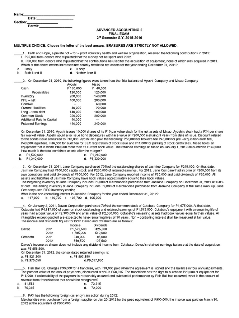 Advanced Accounting 2 Final Exam Questions | PDF | Debits And Credits ...